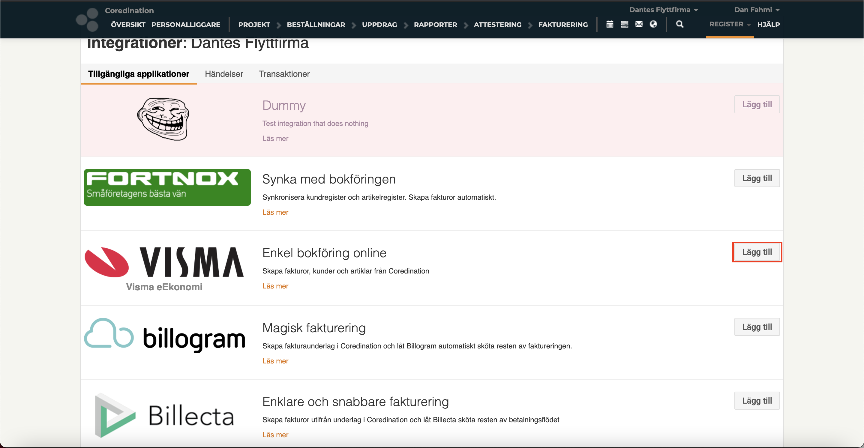 Integration mot Visma eEkonomi – Coredination Helpdesk